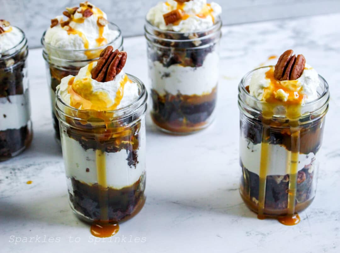 Turtle Brownie Trifles In A Jar - Sparkles to Sprinkles
